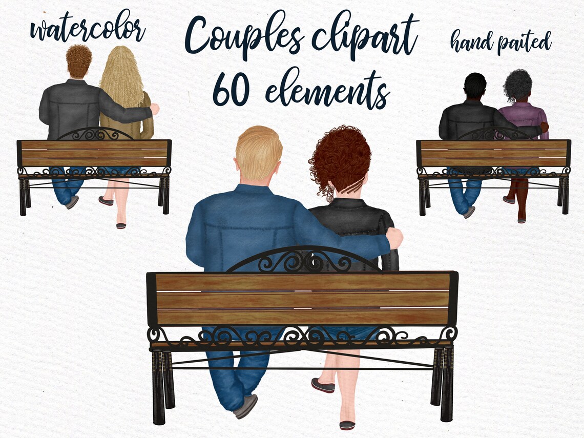 Couples Clipart: "couple ON Bench" Custom Couples Bench Clipart Denim ...