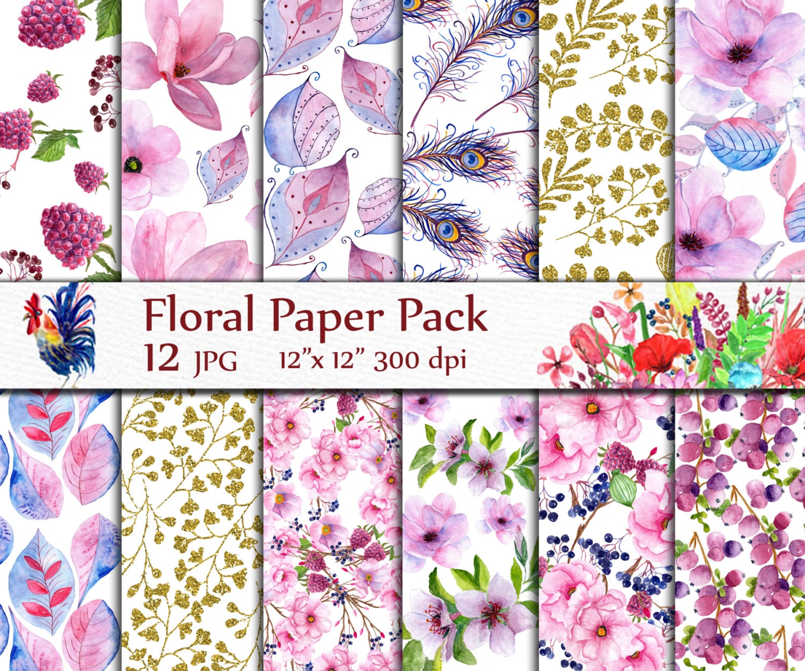 Floral Digital Paper Pack: watercolor Papers Pink | Etsy