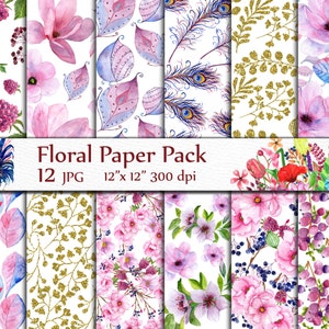 Floral Digital Paper Pack: watercolor Papers Pink Gold Papers Floral ...