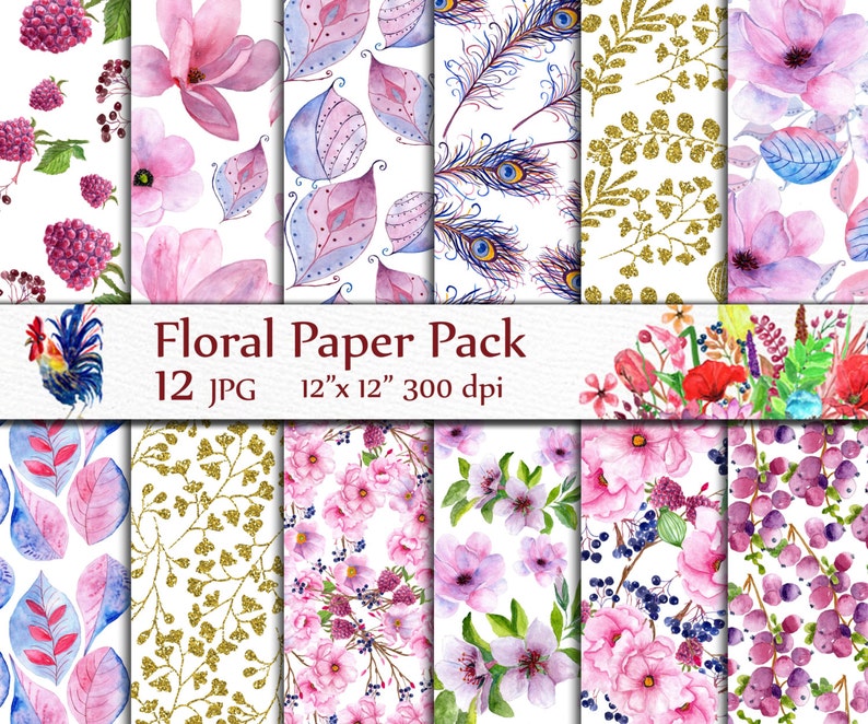 Floral Digital Paper Pack: watercolor Papers Pink | Etsy