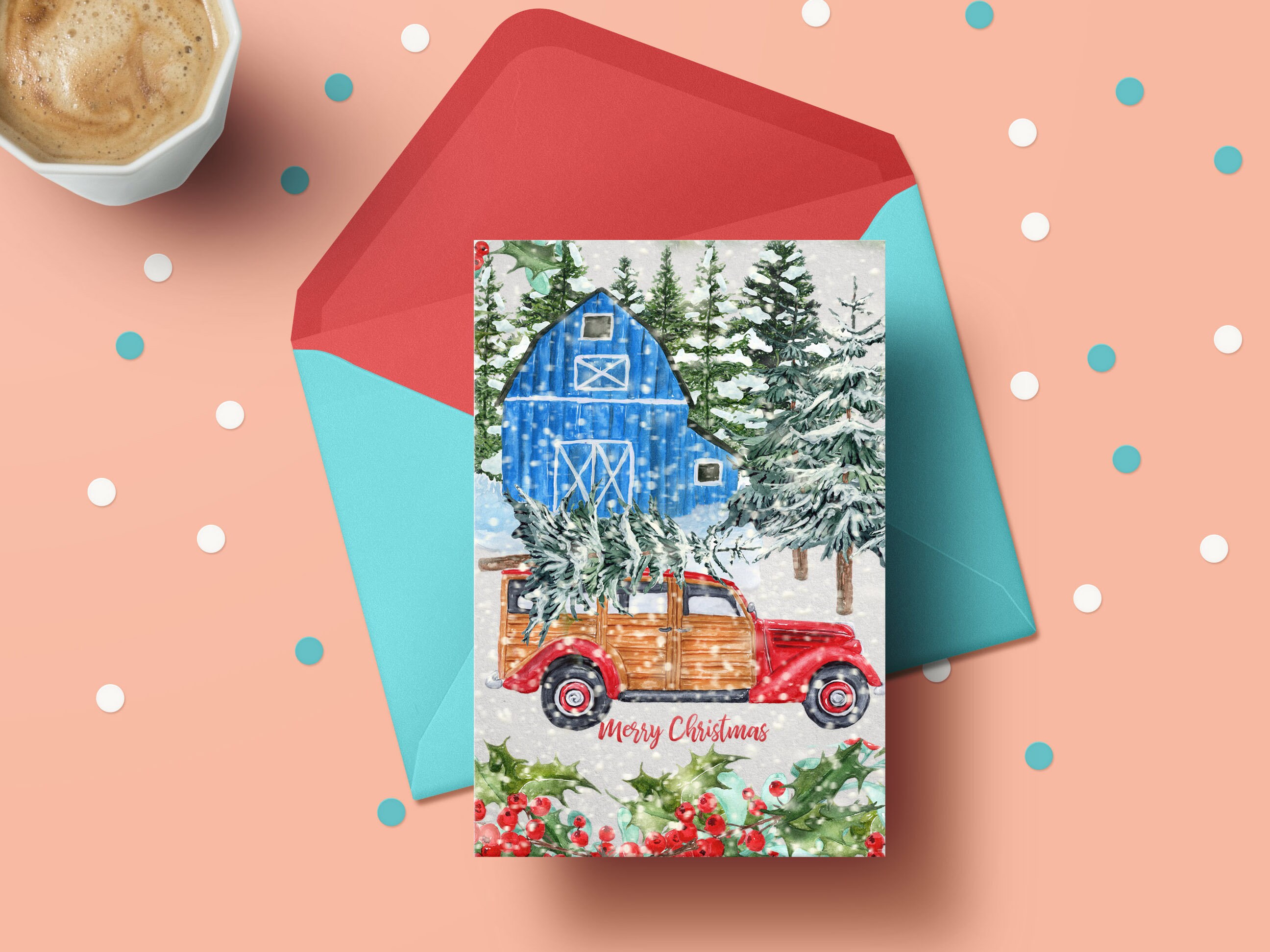 Watercolor Christmas Vintage Car Clipart: christmas - Etsy