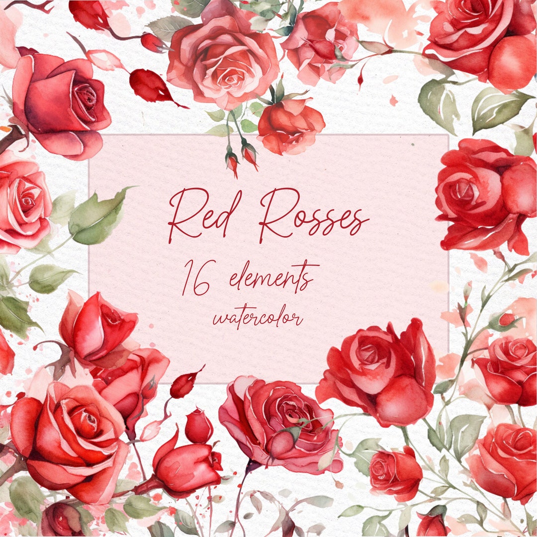 Watercolor Red Roses Clipart: Floral Wreaths & Borders (PNG) - Etsy