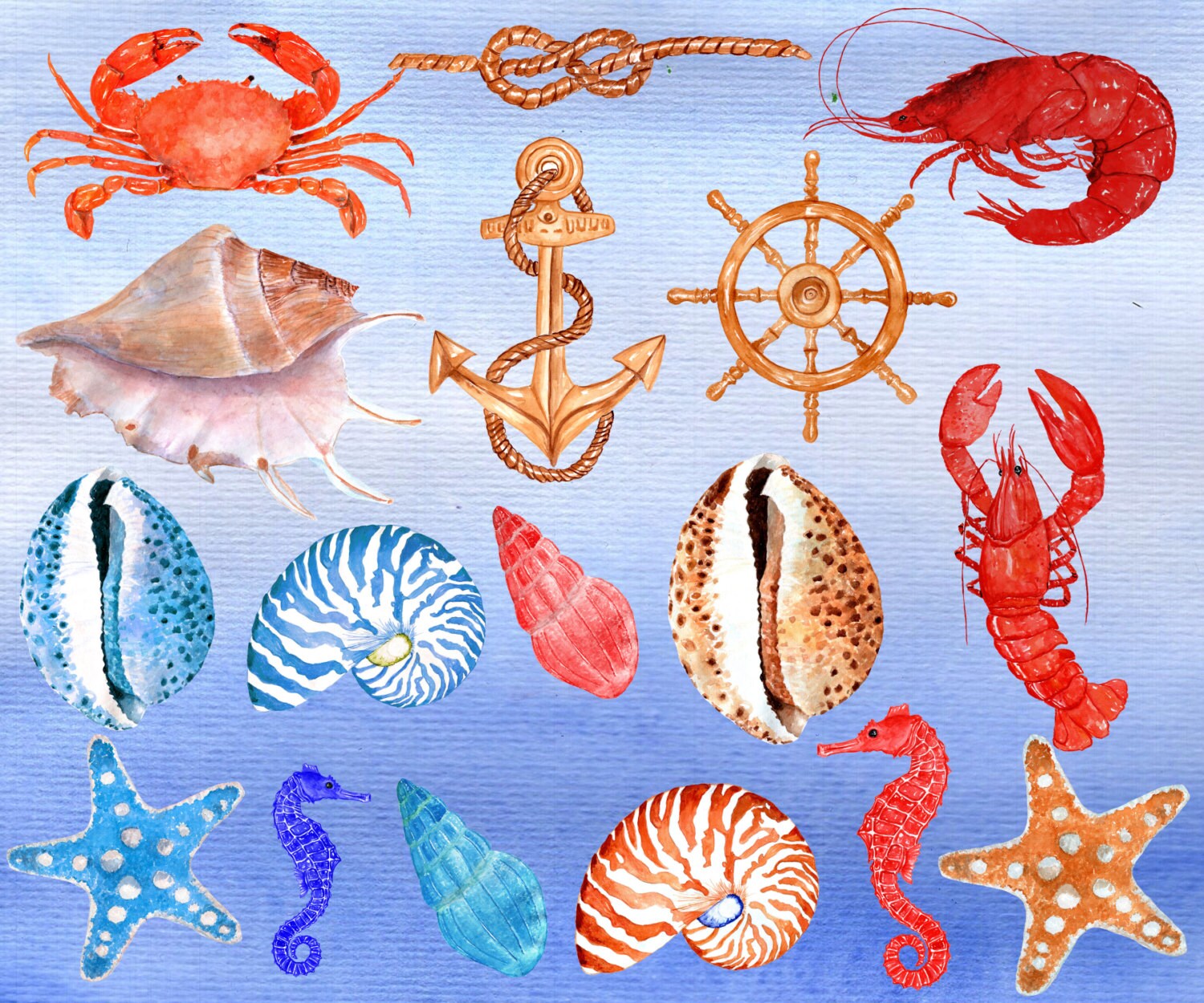 Nautical Watercolor Clipart: "beach ANIMALS Clipart" Watercolor Crabs ...