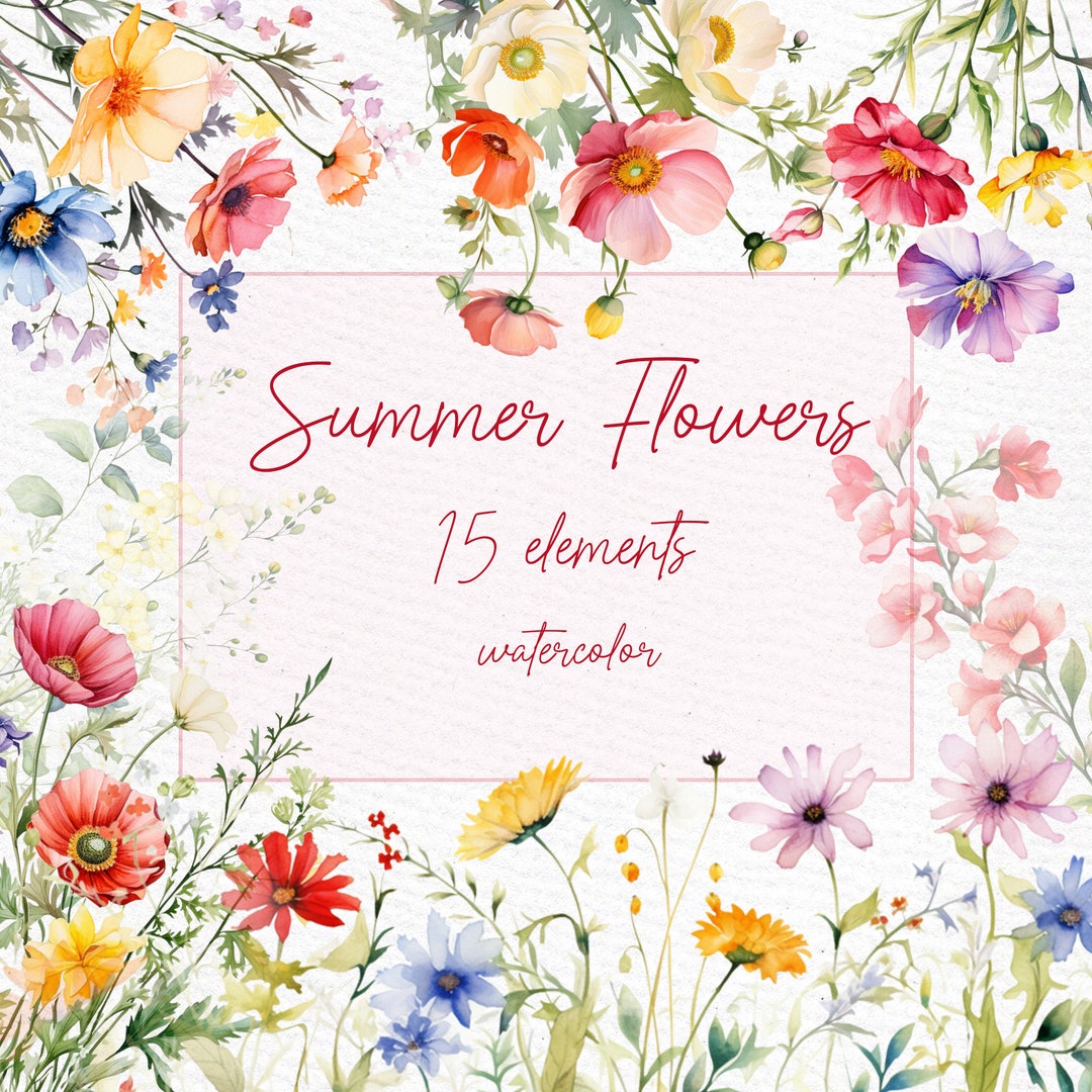 Watercolor Wildflower Clipart: Summer Floral Borders, Wreaths (PNG, 300 ...