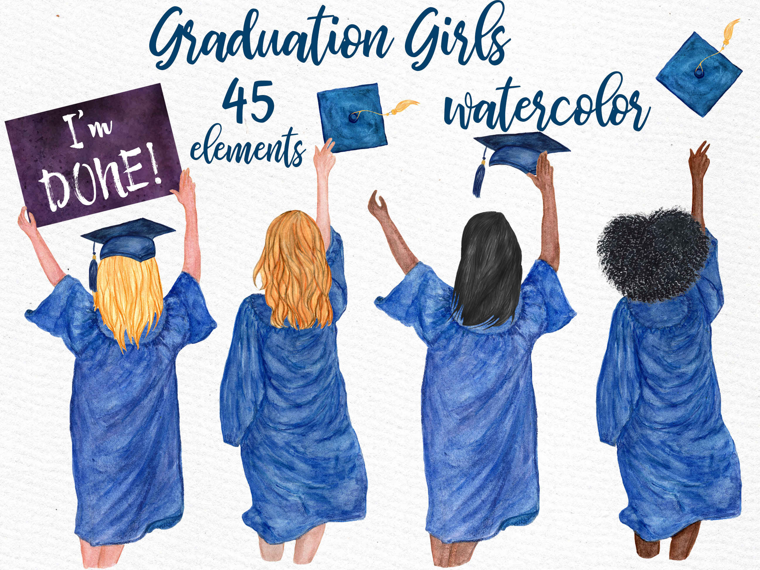 Graduation Clipart: "graduating Girls" Watercolor Girls Graduation Hat ...
