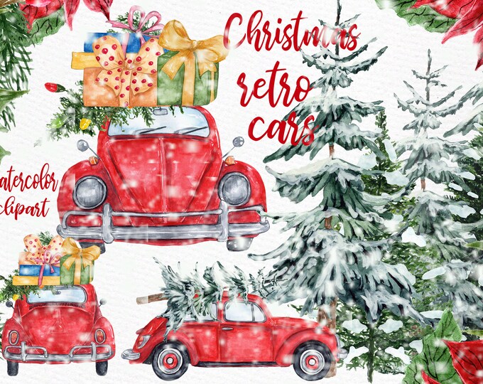 Watercolor Christmas Vintage Car Clipart: "christmas RETRO Car" Pine ...