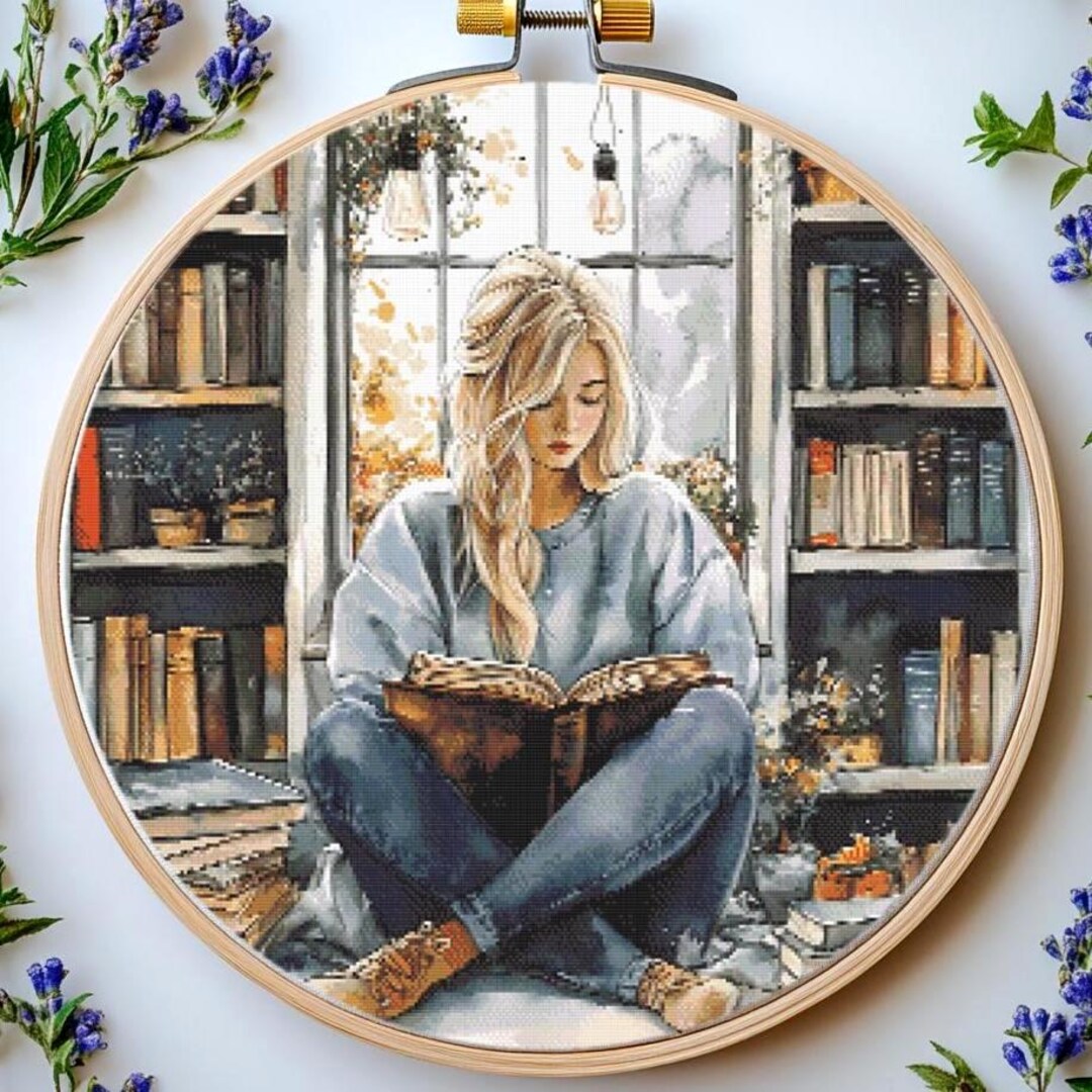 Girl Reading Book Cross Stitch Pattern: Cozy Library Scene (PDF) - Etsy