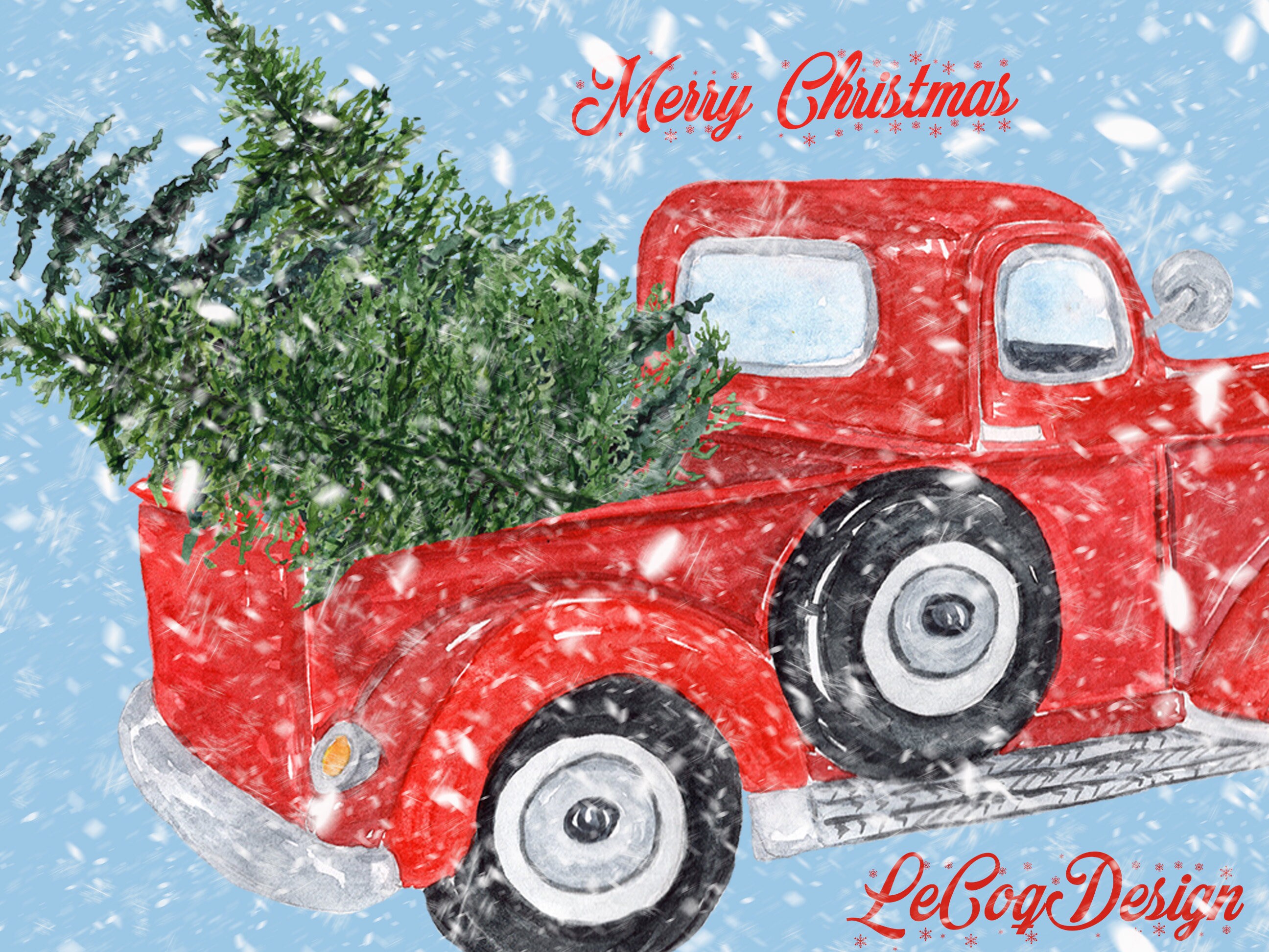 Watercolor Christmas Clipart: "christmas Truck" Red Truck Christmas ...