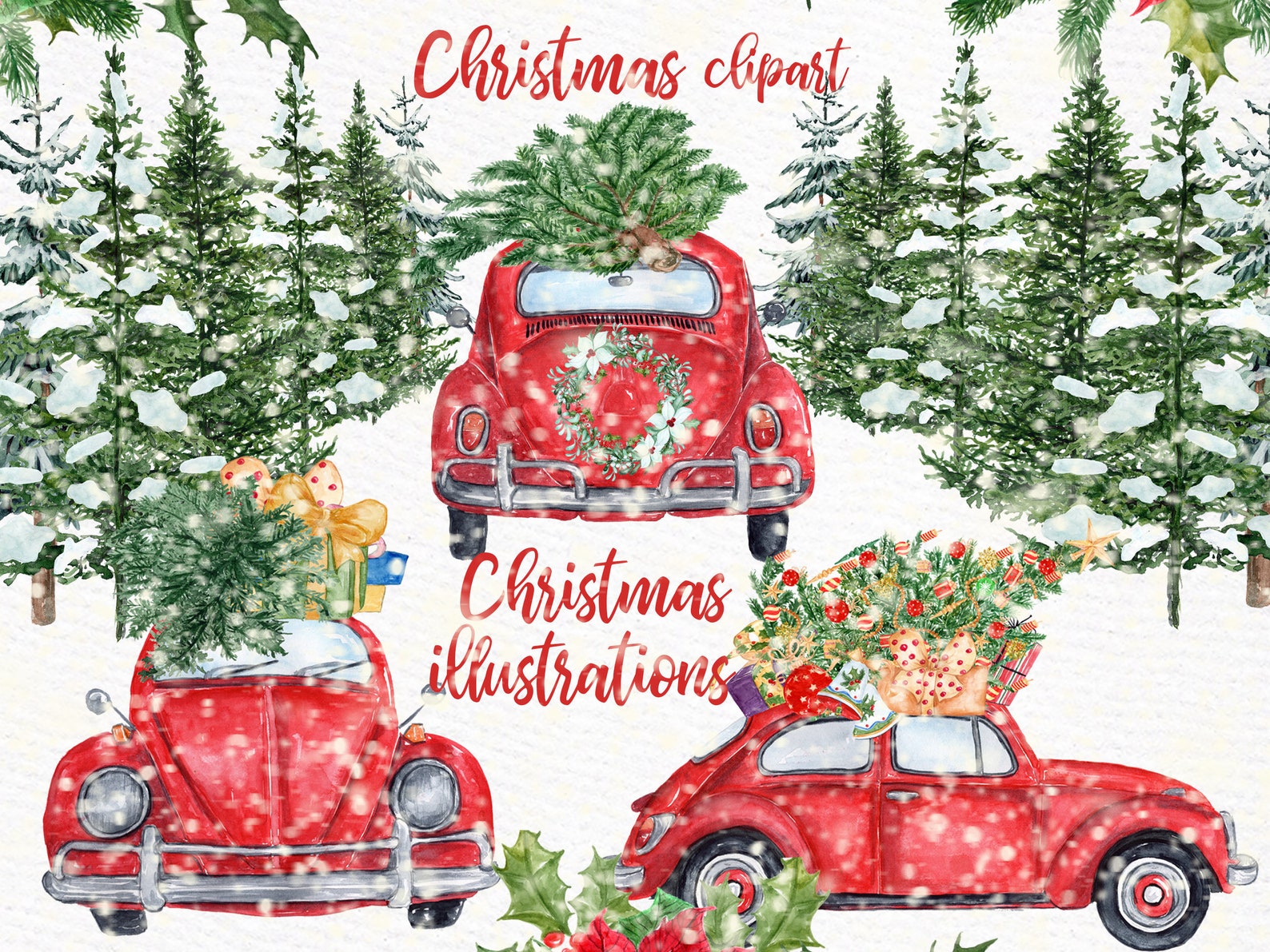 Watercolor Christmas Cars Clipart: "christmas Beetle" Christmas Red Car ...