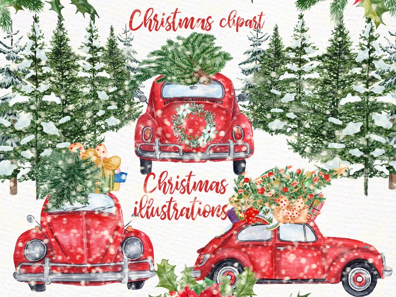 Watercolor Christmas Cars Clipart: christmas - Etsy