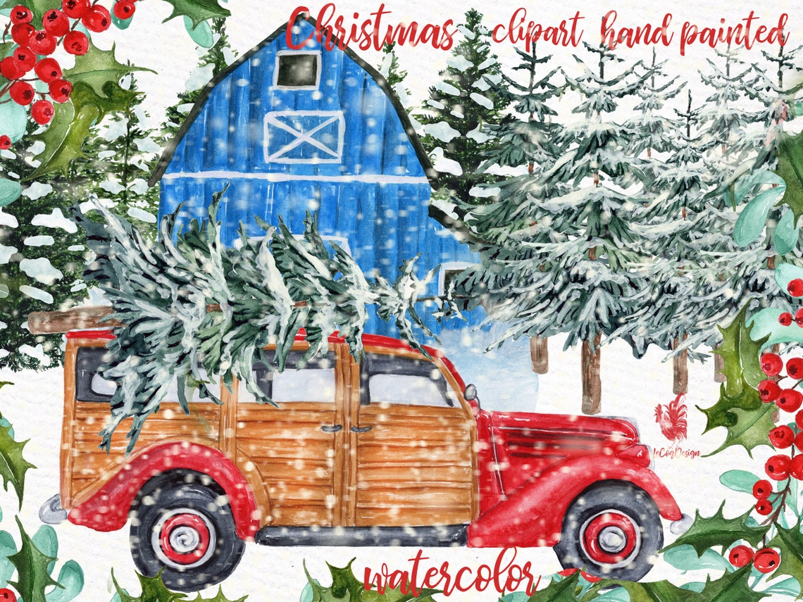 Watercolor Christmas Vintage Car clipart: CHRISTMAS | Etsy
