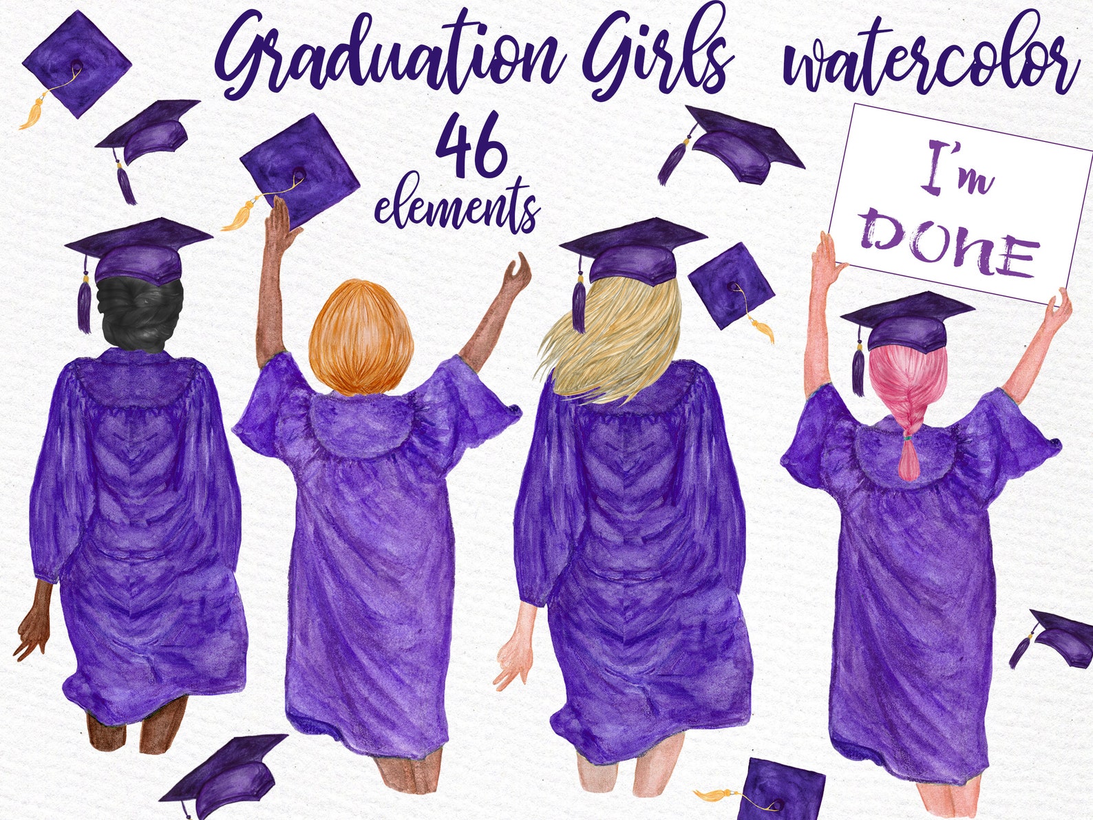 Graduation Clipart: "graduating Girls" Watercolor Girls Graduation Hat ...