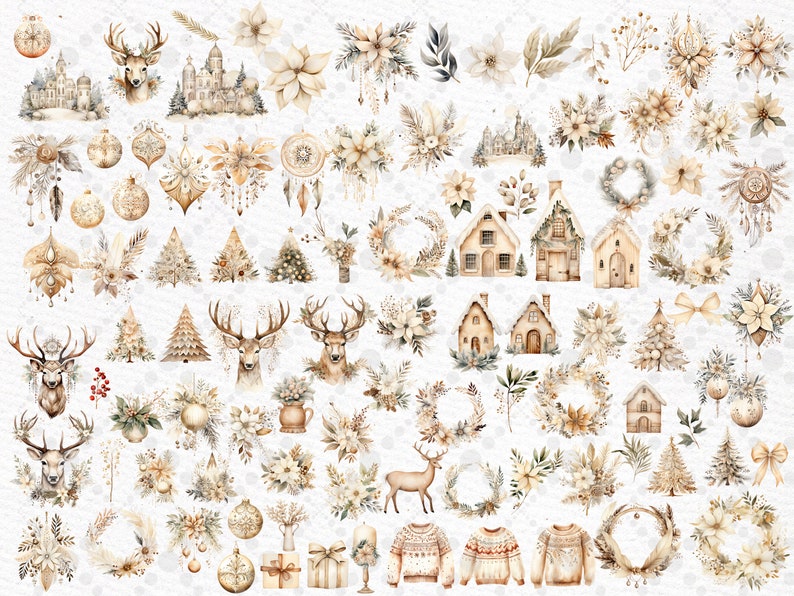 Boho Christmas Clipart Bundle: Watercolor Ornaments, Wreaths (PNG Files ...