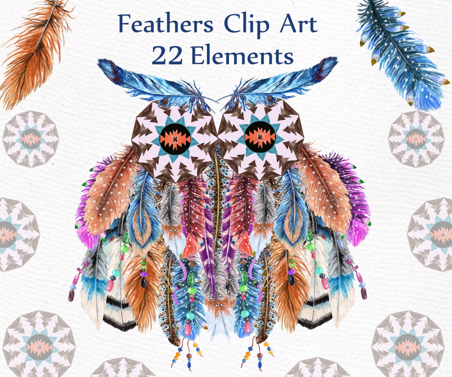 Watercolor Feathers Clipart: "tribal Clipart" Owl Clipart Boho Clipart ...
