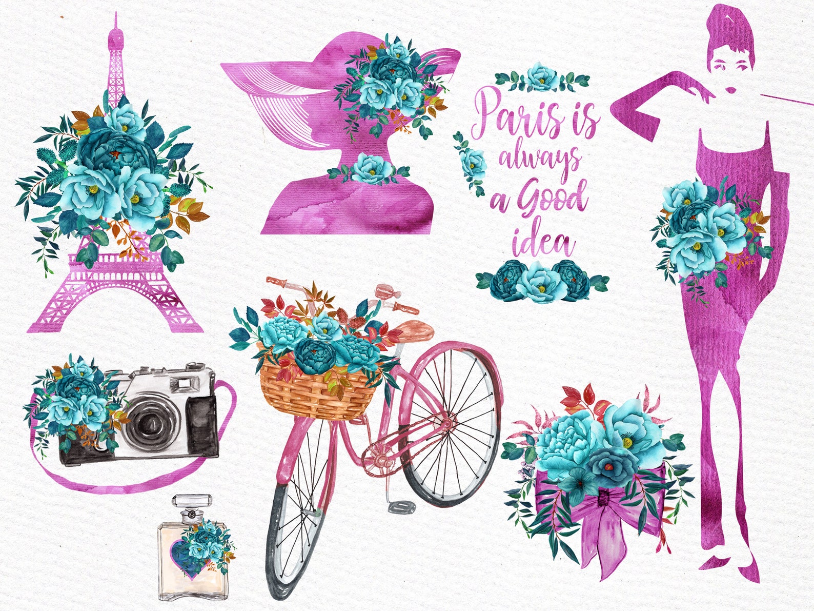 Paris Watercolor Clipart: watercolor Flowers - Etsy