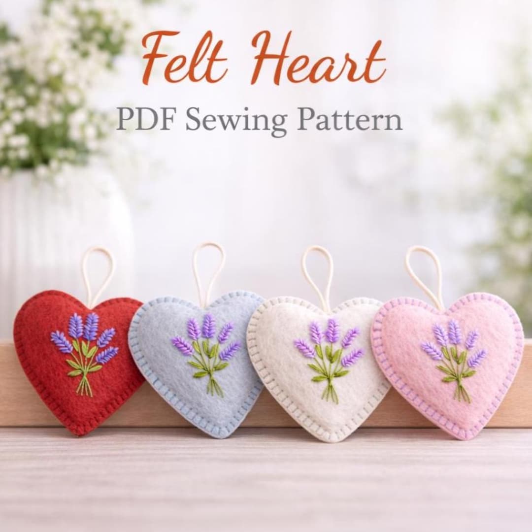 Felt Heart PDF Sewing Pattern, Lavender Embroidery Heart Ornament ...