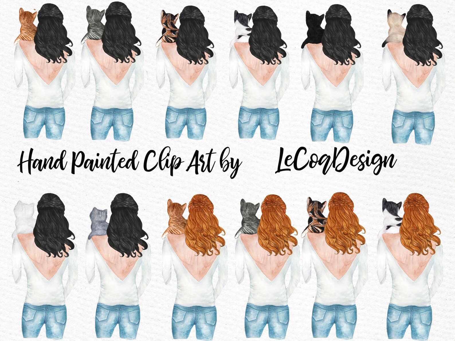 Girls and Cats Clipart: girls Clipart Cat Lover - Etsy