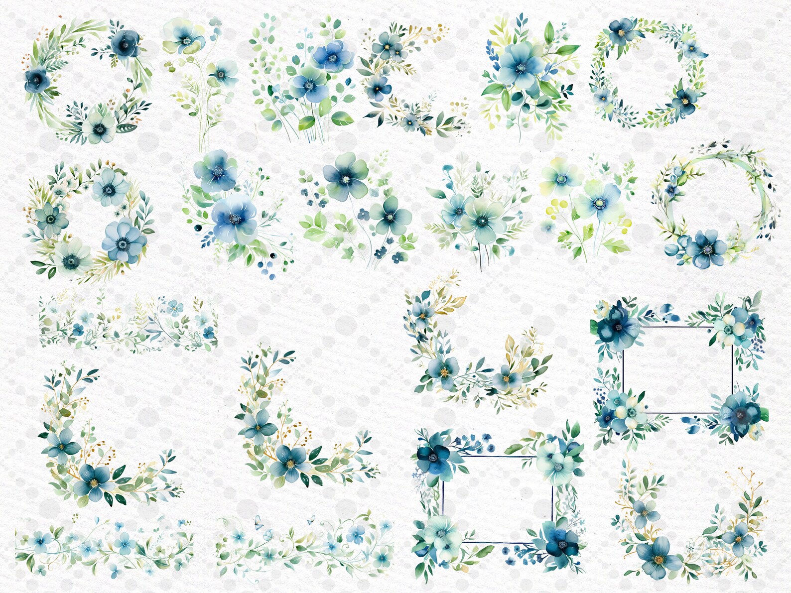 Teal Watercolor Floral Clipart: Wreaths, Borders (PNG, 300 Dpi) - Etsy