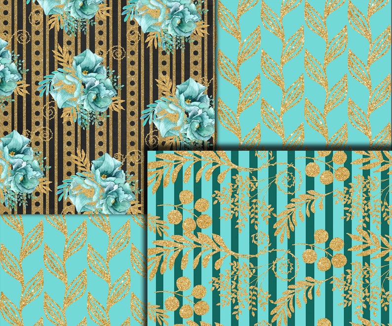 Gold Mint Digital Papers: floral DIGITAL Paper | Etsy