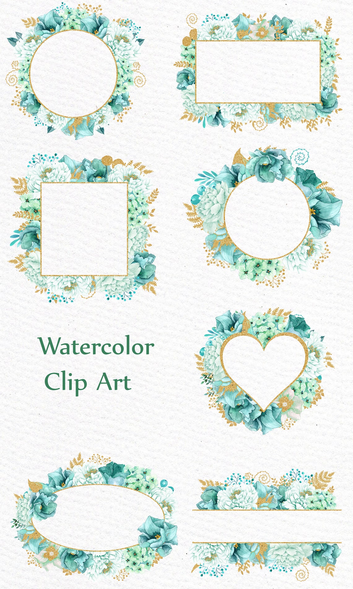 Gold Mint Flower Frames Clipart: watercolor - Etsy