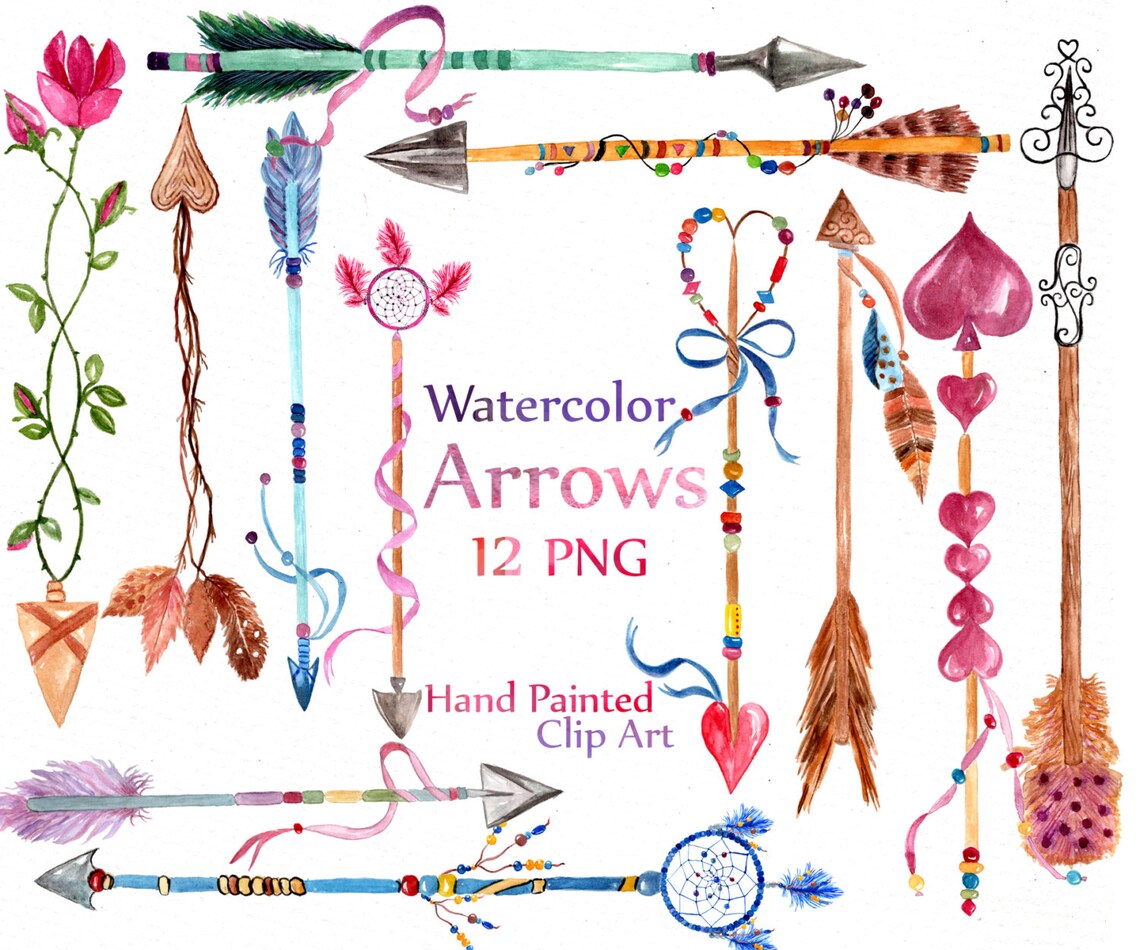 Watercolor Arrows Clipart: "arrows CLIP Art" Tribal Arrows Hand Drawn ...