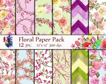 Floral Digital Paper Pack: WATERCOLOR PAPERS Pink