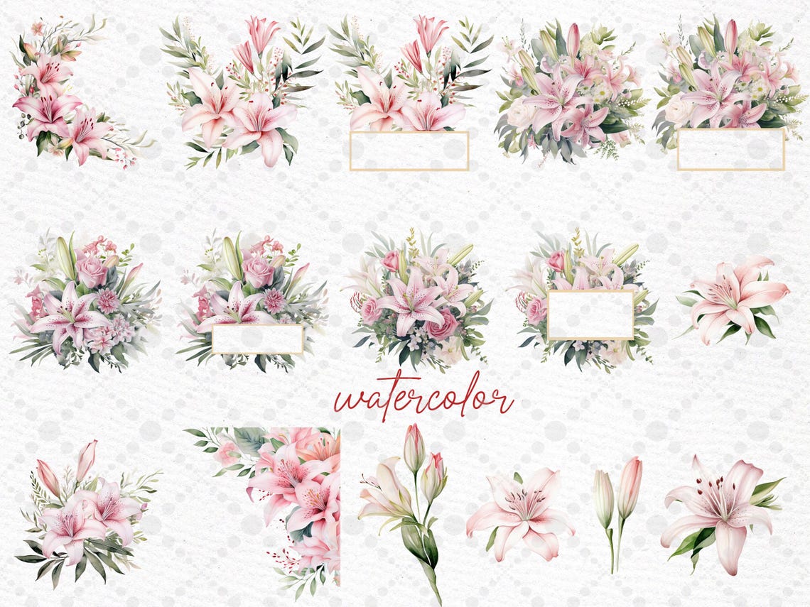 Watercolor Pink Lily Clipart: Floral Bouquets & Borders (PNG) - Etsy