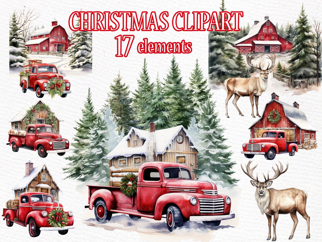 Christmas Clipart: "christmas RED Truck" Red Farm Barn Winter Landscape ...