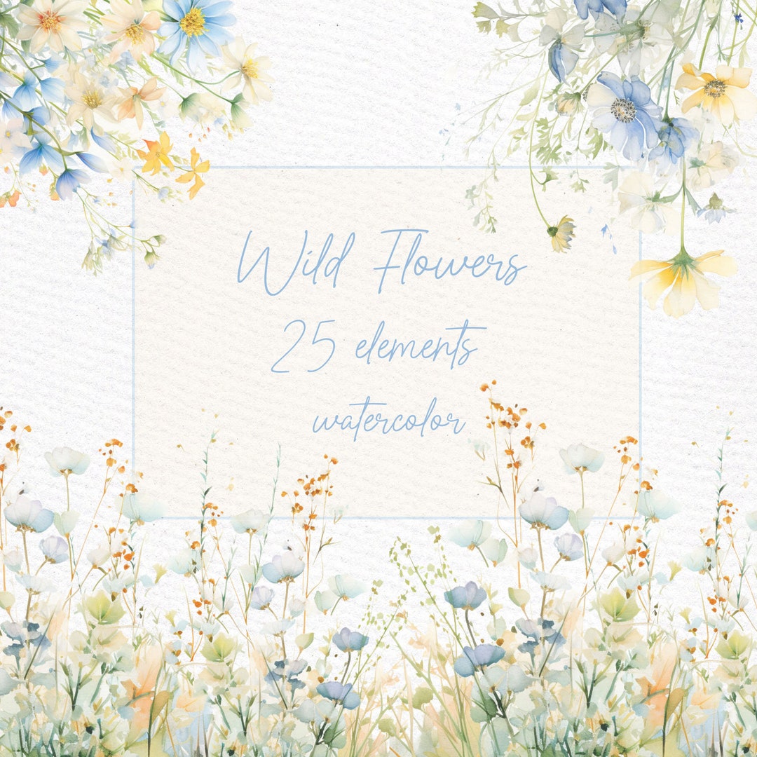 Wild Floral Clipart: "boho WILD Flowers" Watercolor Flowers Light Blue ...