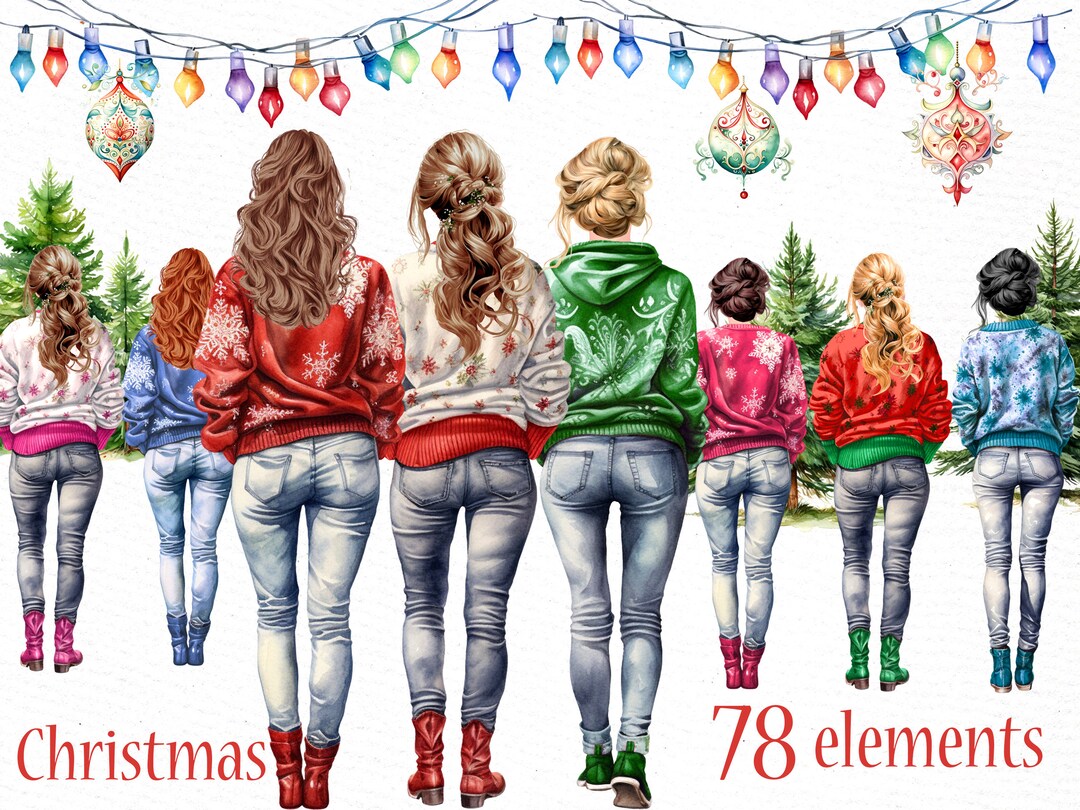 Christmas Girls Clipart: Matching Sweaters, Pine Tree, Ornaments (PNG ...