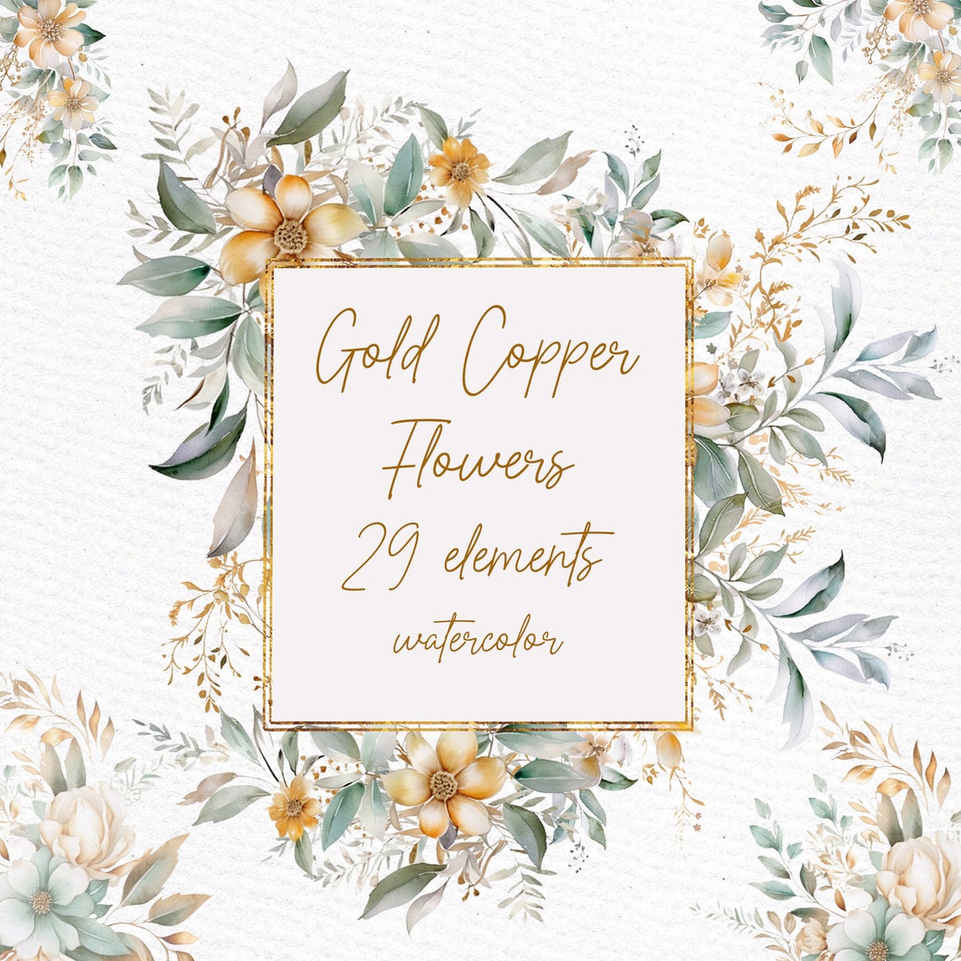 Watercolor Gold Floral Clipart: Boho Flowers, Frames, Wreaths (PNG ...