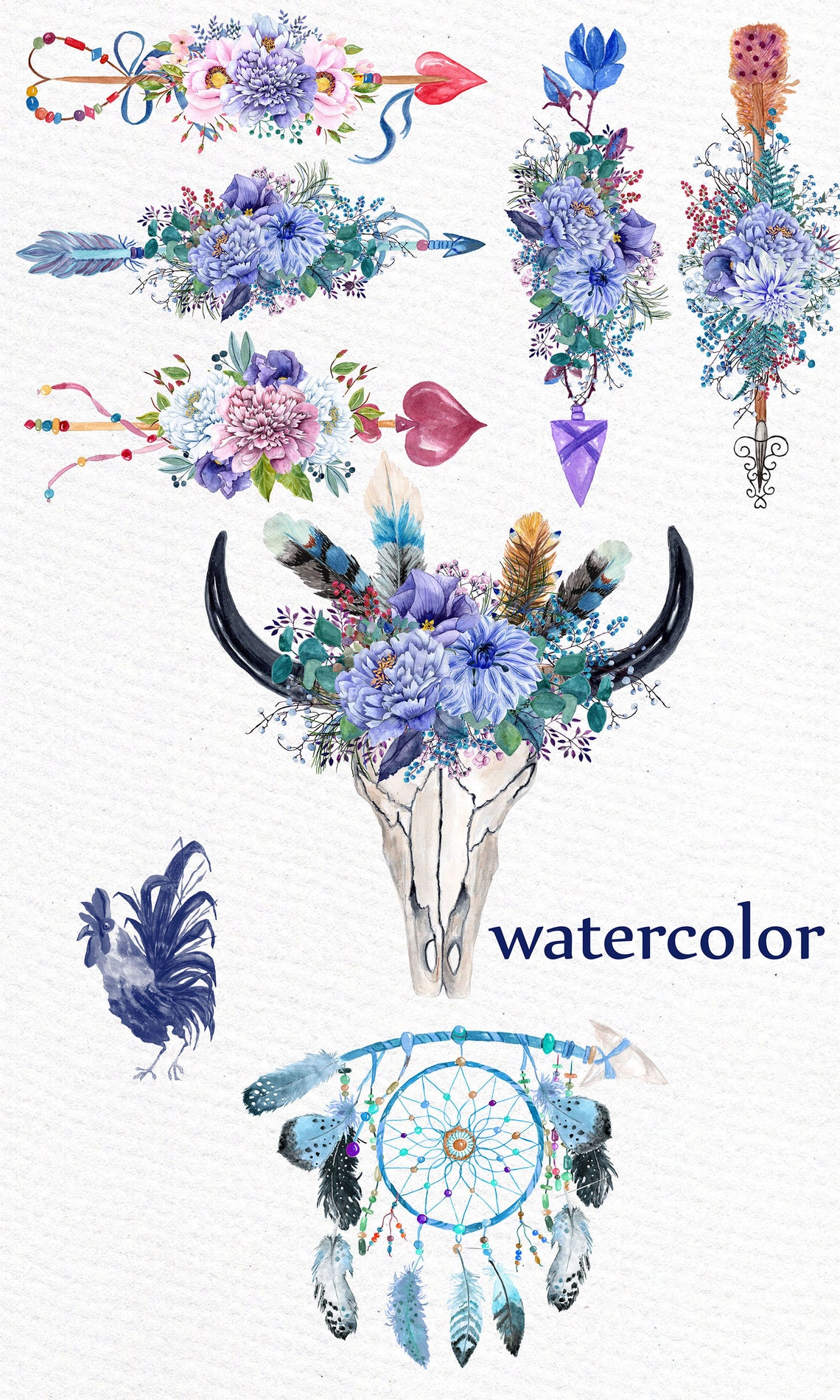 Watercolor Tribal Clipart: bull SCULL Clipart | Etsy