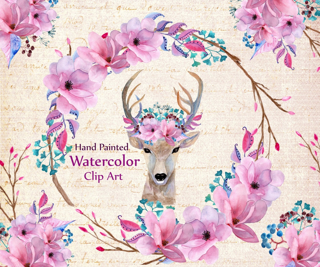 Watercolor Wedding Flowers Clip Art: "wreath Clipart" Floral Deer Diy ...