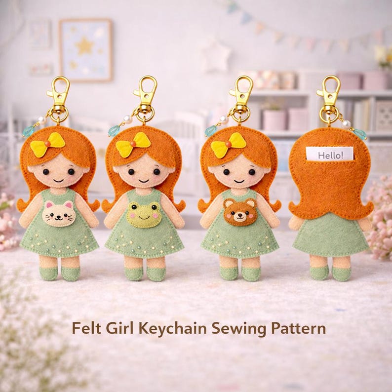 Felt Girl Keychain Sewing Pattern PDF, Interchangeable Charms Keychain ...