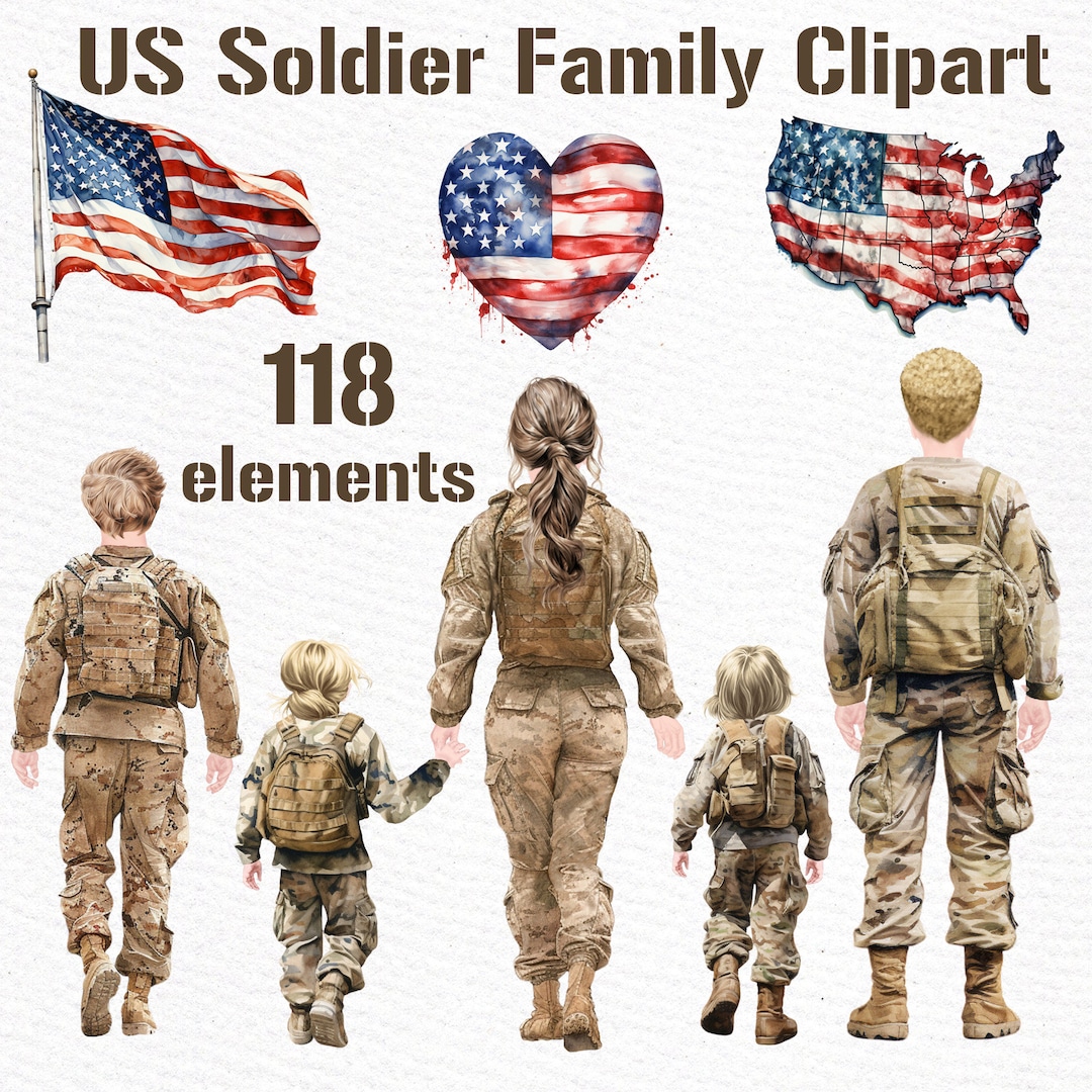 Military Family Watercolor Clipart: Soldier, Kids, Homecoming (PNG ...