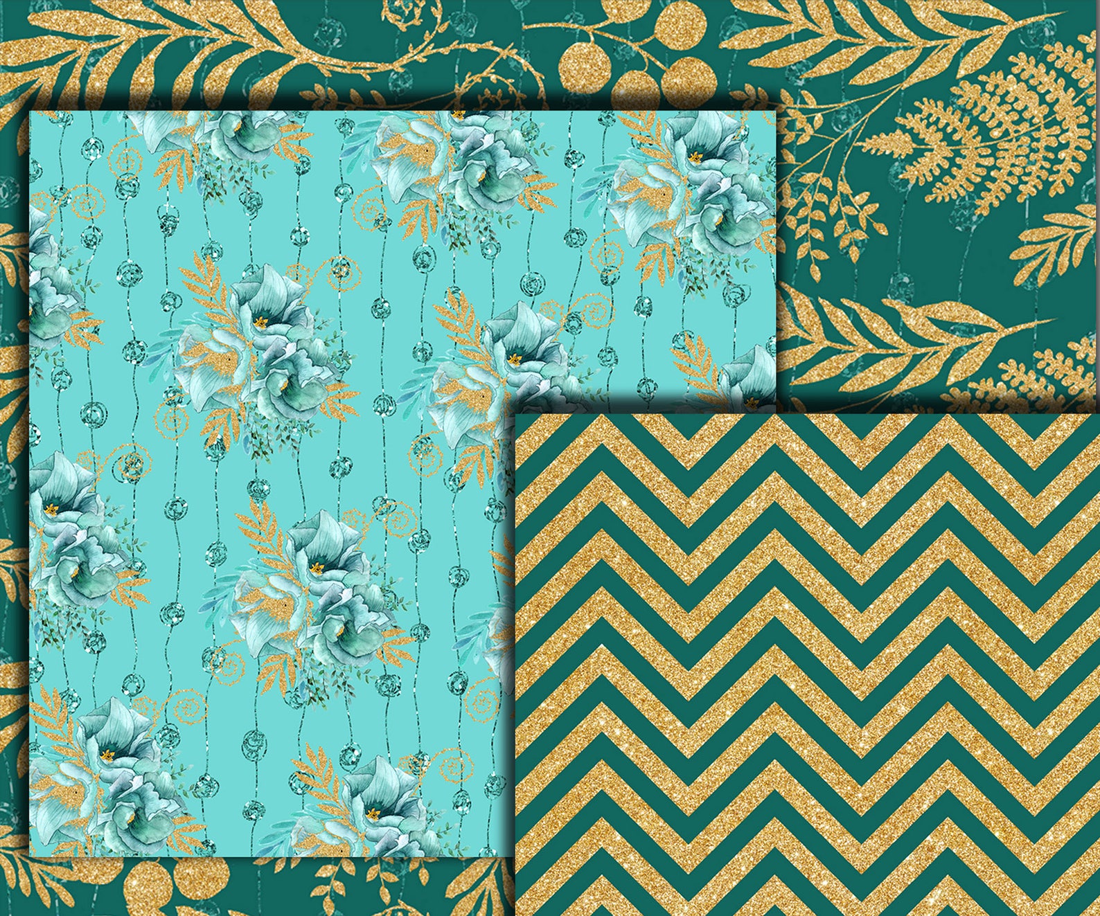 Gold Mint Digital Papers: floral DIGITAL Paper | Etsy