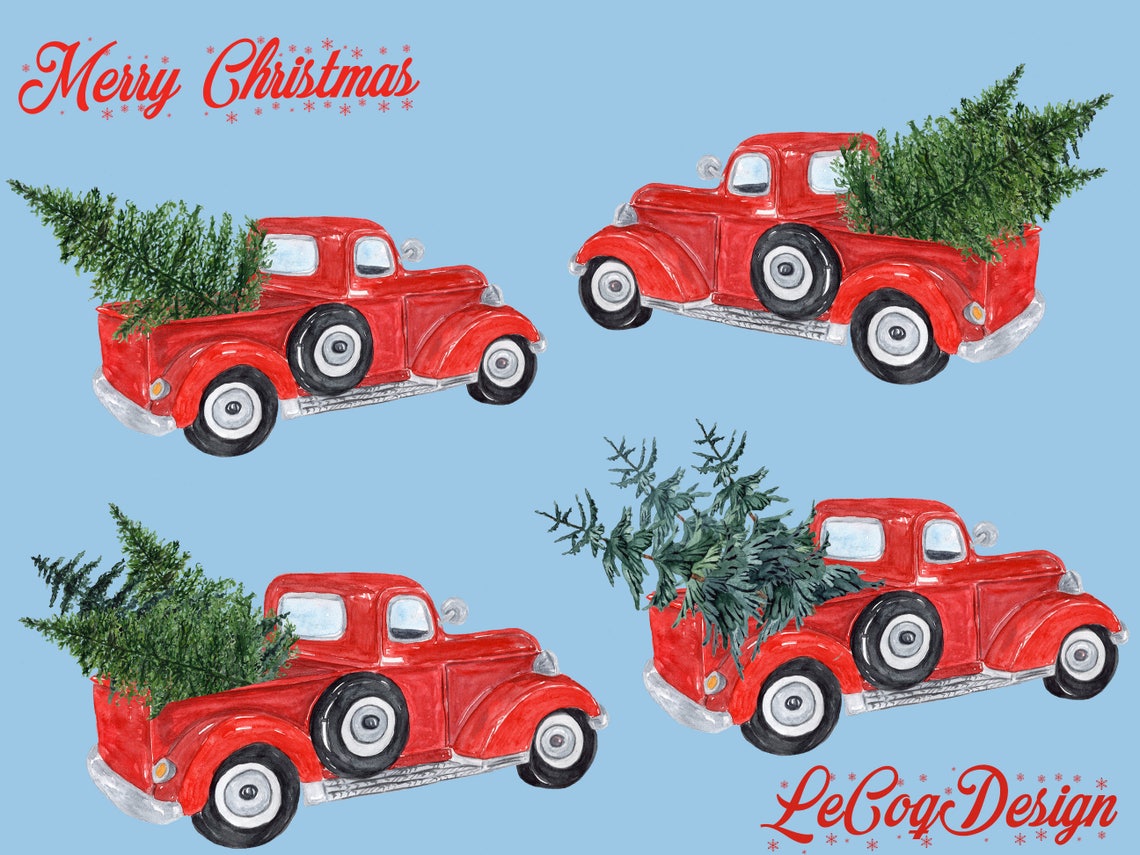 Watercolor Christmas Clipart: christmas Truck Red - Etsy