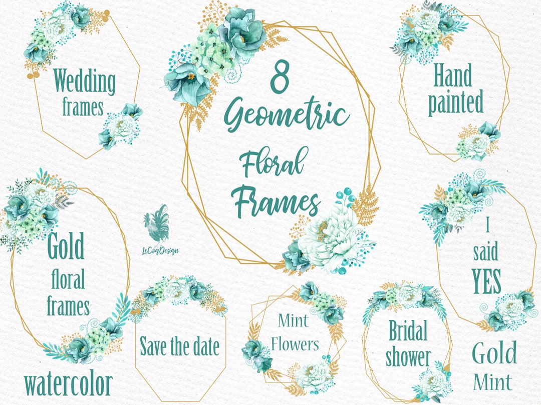 Geometric Frames Clipart: "gold MINT Frames" Mint Watercolor Flowers ...