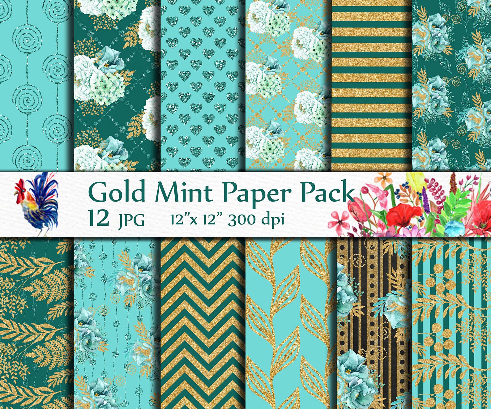Gold Mint Digital Papers: floral DIGITAL Paper | Etsy