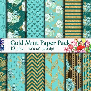 Gold Mint Digital Papers: floral DIGITAL Paper Gold Patterns Floral ...
