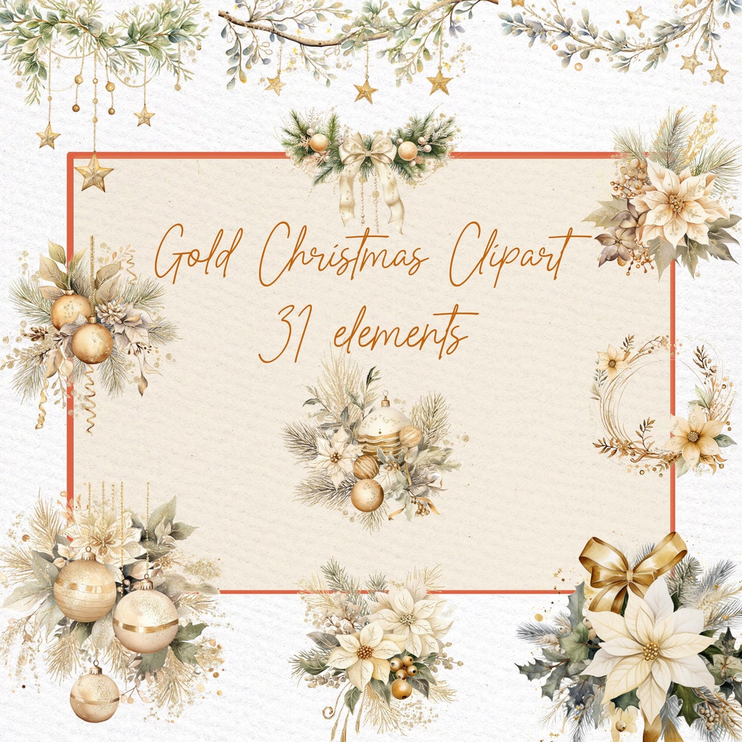 Gold Christmas Clipart Bundle: "watercolor CHRISTMAS Clipart" Christmas ...