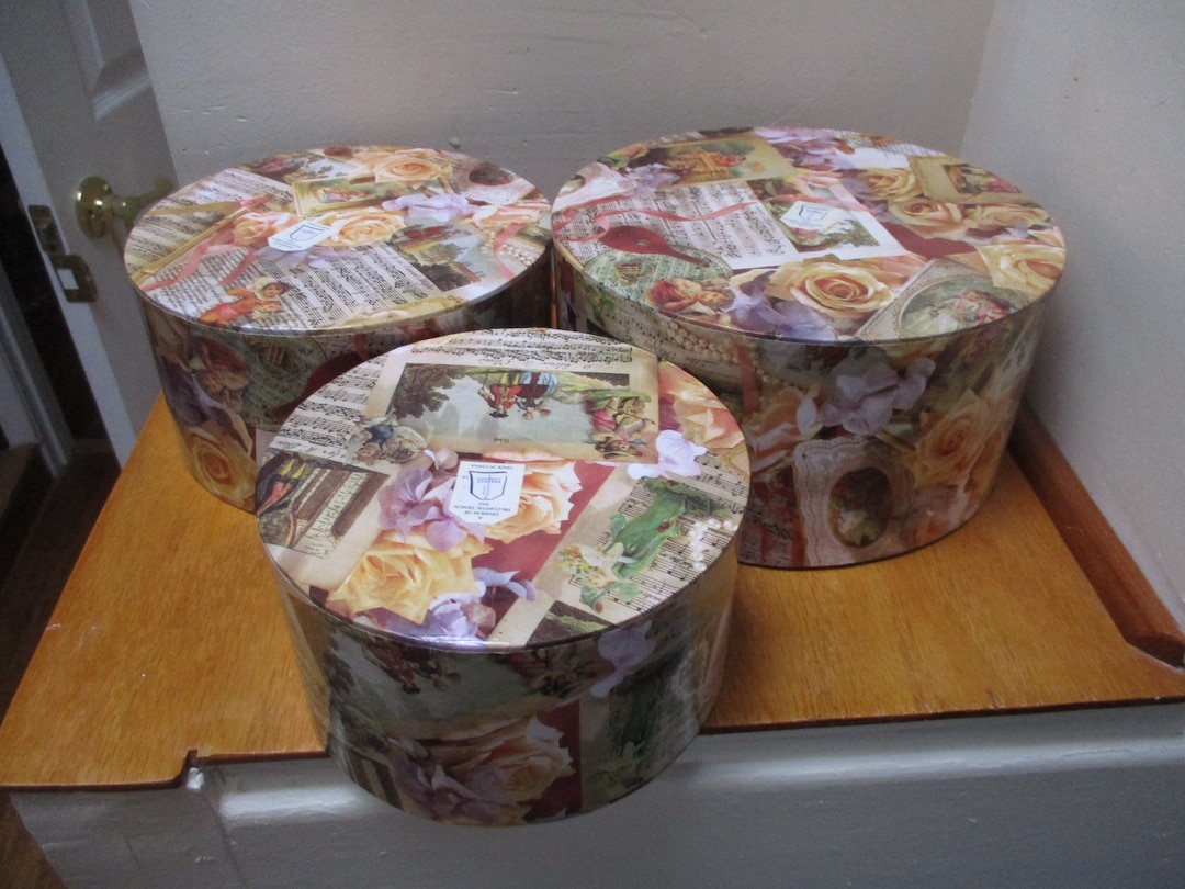 Retro Round Shaped Lidded Boxes W/victorian Paper Covered by Tri ...