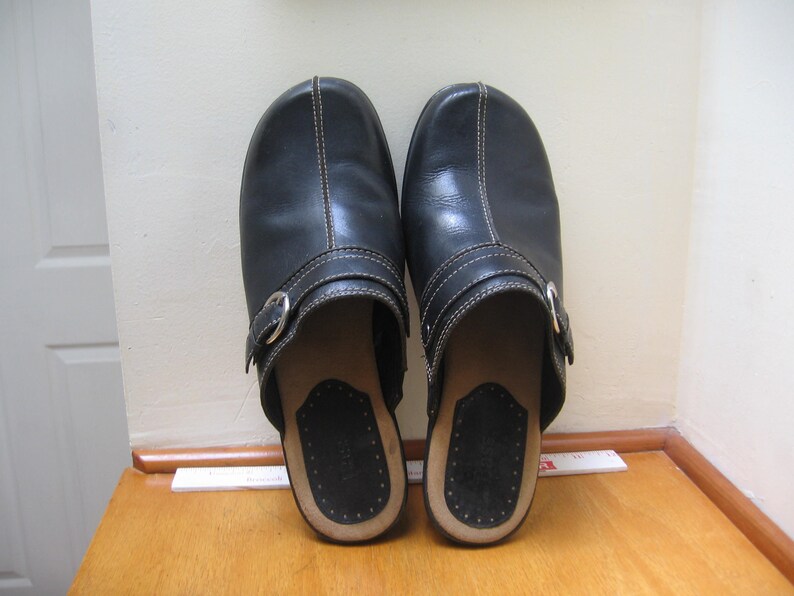 Vintage, Women's Black Leather Clogs by Bass/leona, Open Back Slip-on ...
