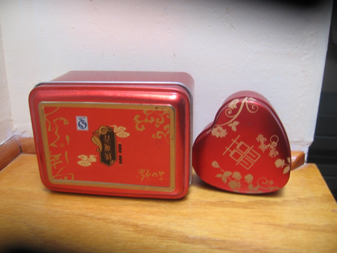 Set of 2 Shiny Red Metal Cute Tins/box in Gold Asian Motif, Rectangle ...