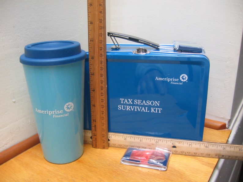 Unique Set, "tax Season Survival Kit": Blue Metal Box and Thermal Cap ...