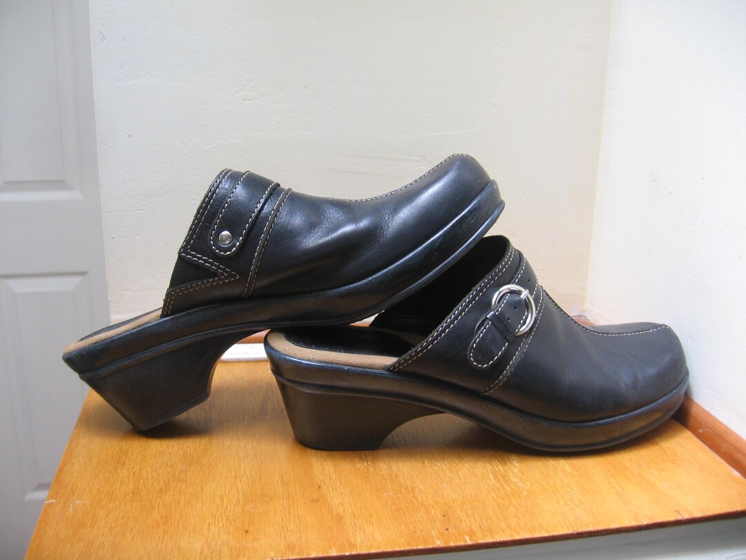 Vintage, Women's Black Leather Clogs by Bass/leona, Open Back Slip-on ...
