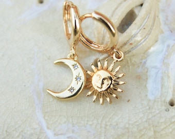 Asymmetrical Sun and Moon Earrings, Mismatched Earrings, Gold Moon Earrings, Sun Charm Earrings ...