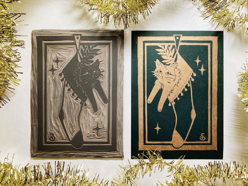 Fluffy Stocking Stuffer | Fine Art Linocut Print | Holiday Postcard 5 X ...