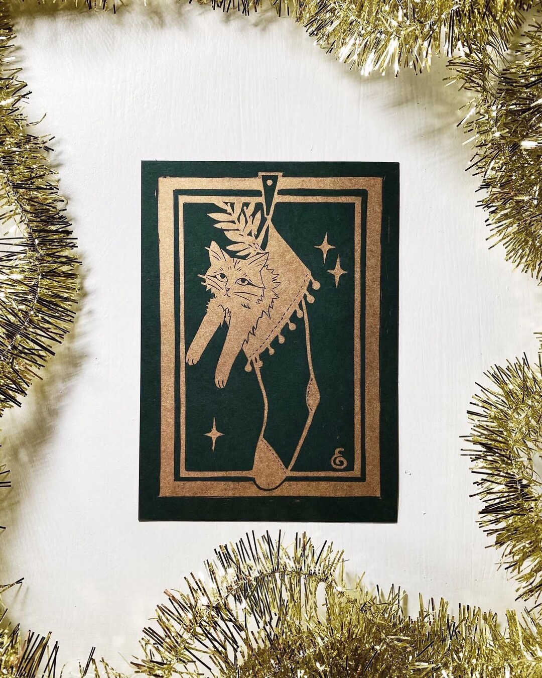 Fluffy Stocking Stuffer | Fine Art Linocut Print | Holiday Postcard 5 X ...