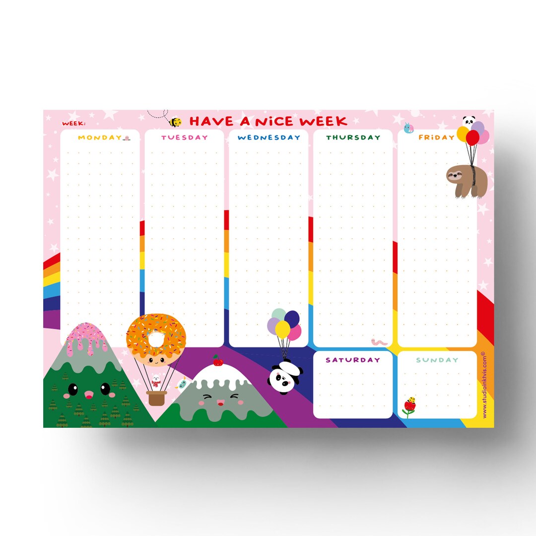 Kawaii Rainbow Pink Weekly Planner Have a Nice Week. Cute A5 Note Pad ...